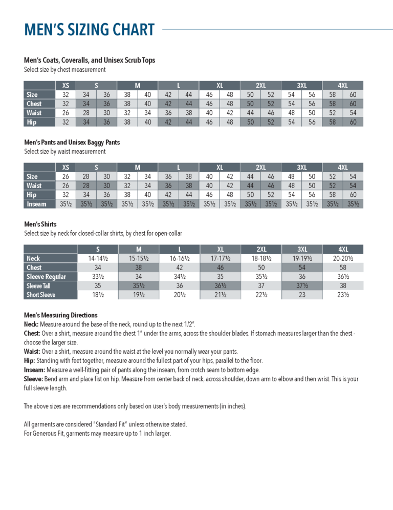 Men's and Women's Sizing Chart - Textiles Products - Since 1916