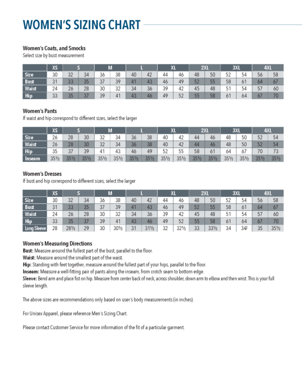 Men's and Women's Sizing Chart - Textiles Products - Since 1916